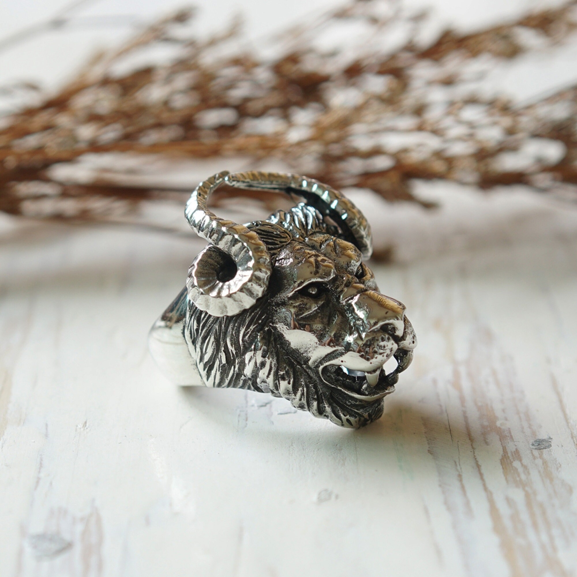 Lion Horned Goat Ring for Men Made of Sterling Silver 925 Satan Style ...