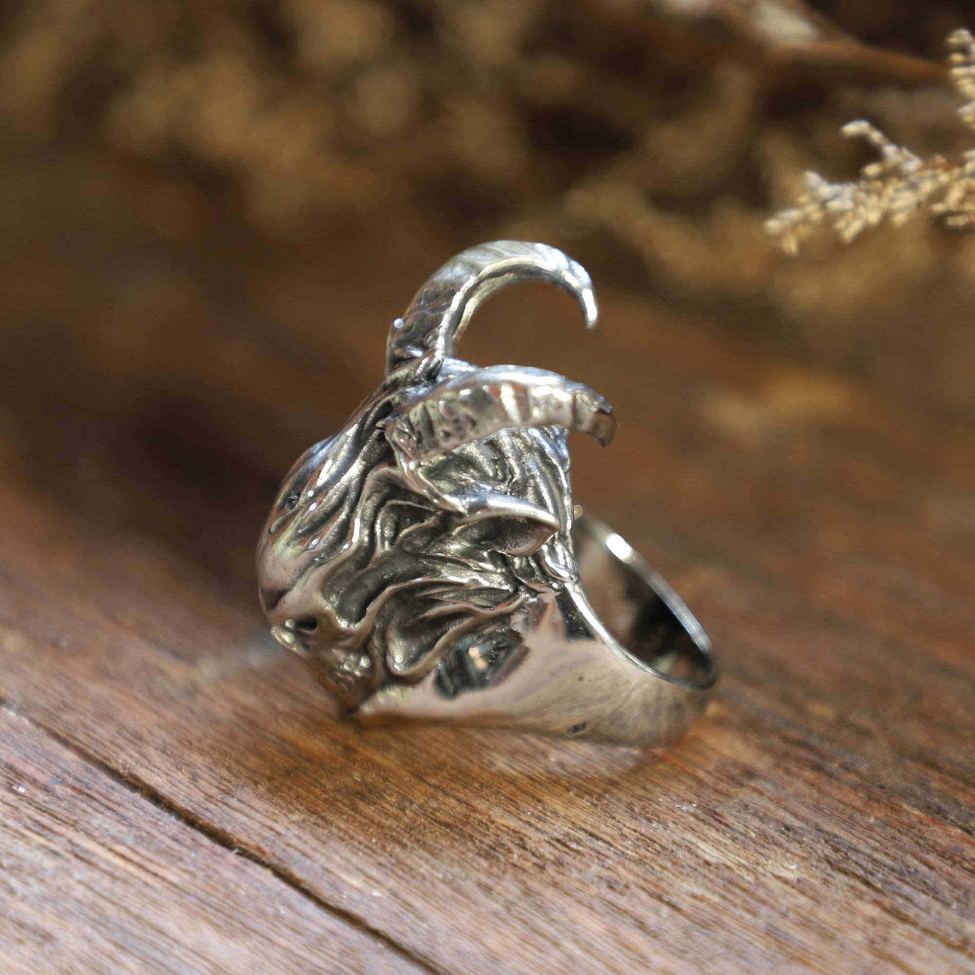 Fire skull Horned goat ring for men made of sterling silver | Etsy