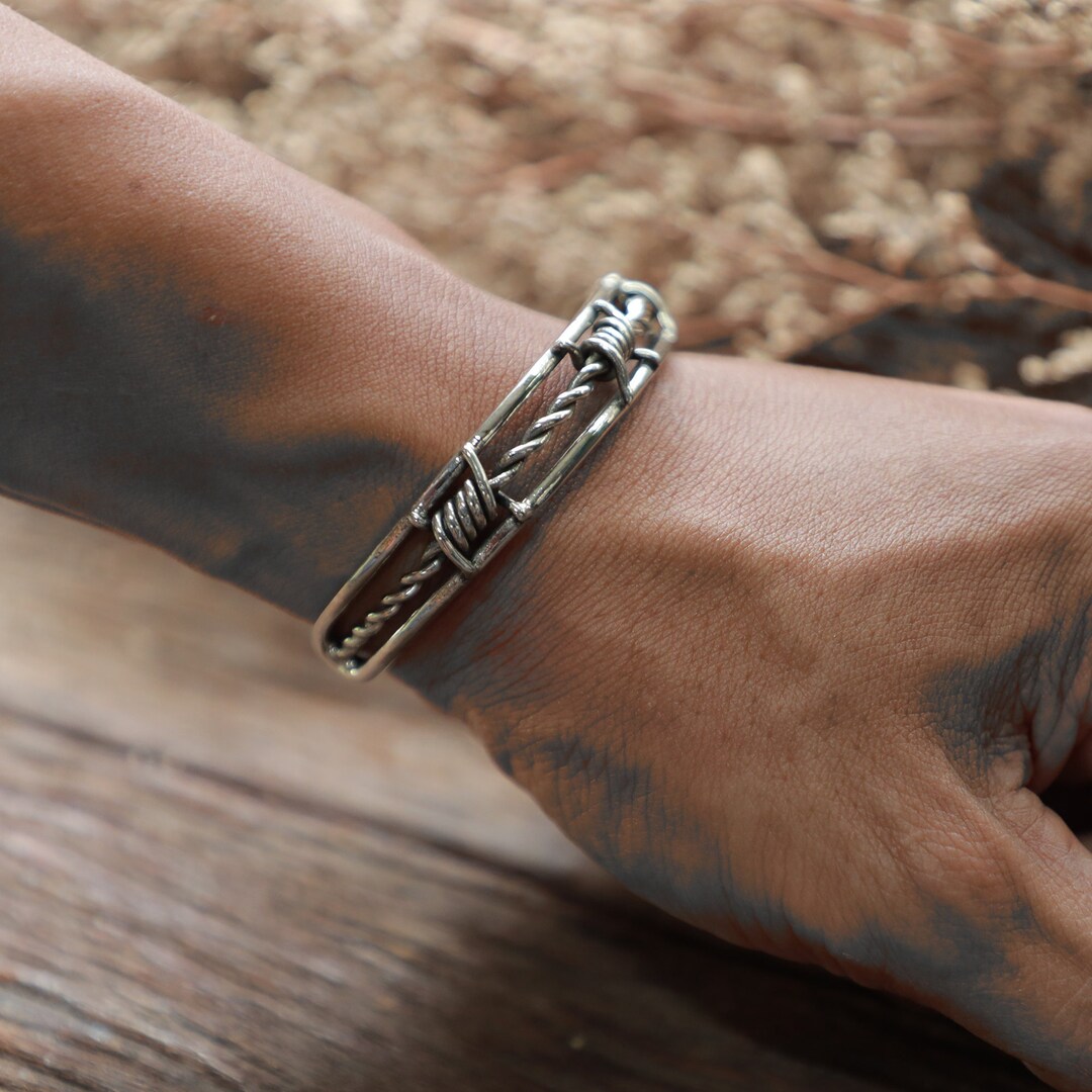 Barbed Wire Band Bangle for Unisex Made of Sterling Silver 925 Biker ...