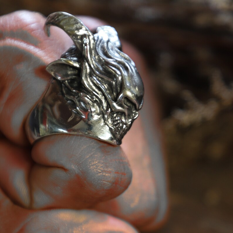Fire Skull Horned Goat Ring for Men Made of Sterling Silver 925 ...