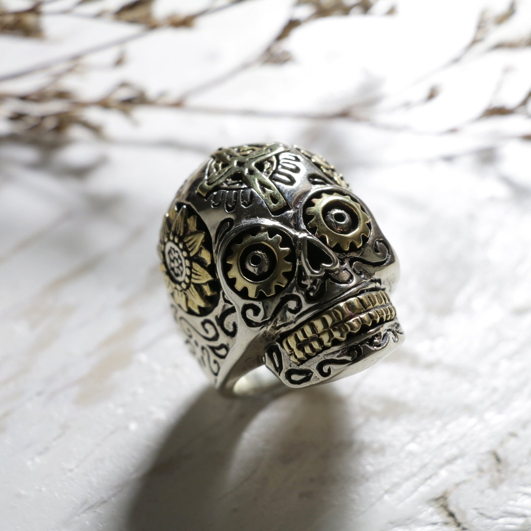 Sugar Skull Ring for Men Made of Sterling Silver 925 Biker Style - Etsy