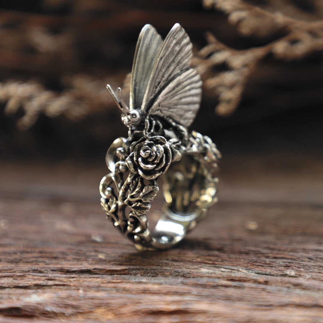 Butterfly and Flowers Ring for Unisex Made of Sterling Silver 925 Boho ...