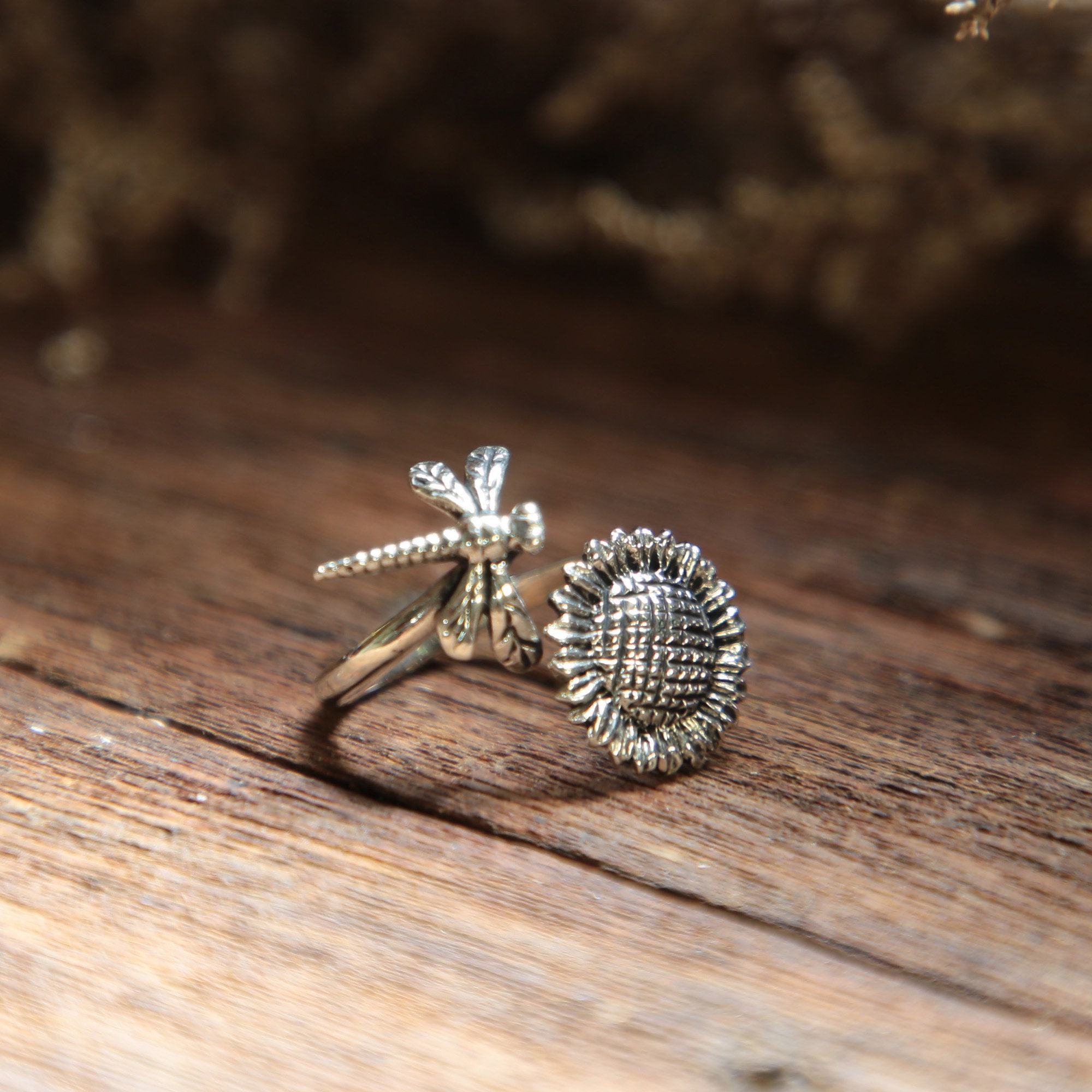 Dragonfly and Sunflower Ring for Girl Made of Sterling Silver 925 Boho Style Etsy