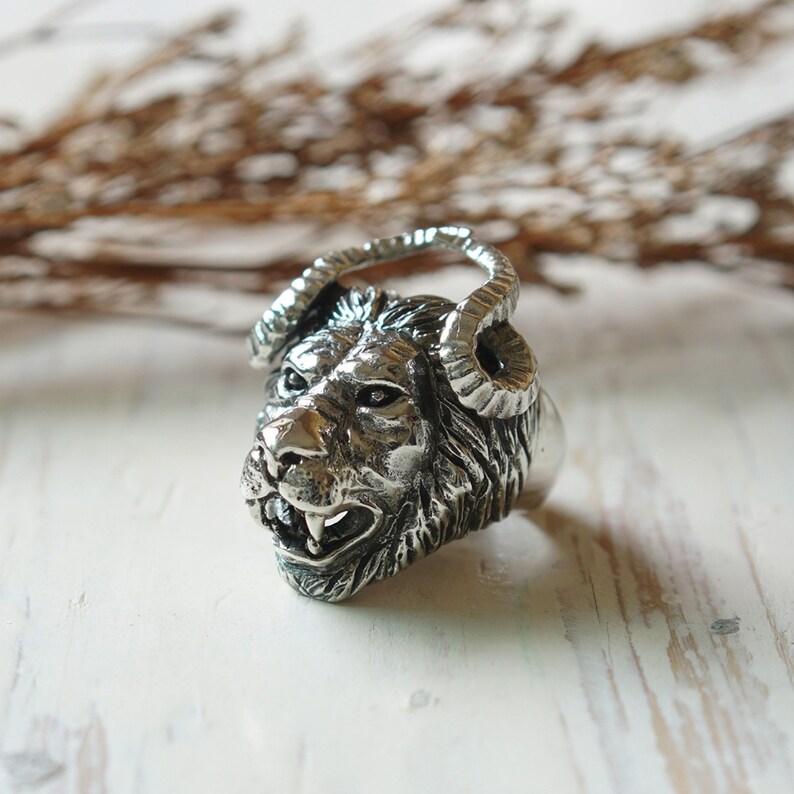 Lion Horned Goat Ring for Men Made of Sterling Silver 925 Satan Style ...