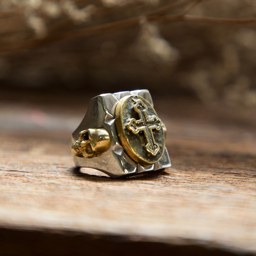 Vintage Cross and Skull Mexican Ring for Men Made of Vintage Cross and Skull Mexican Ring for Men Made of