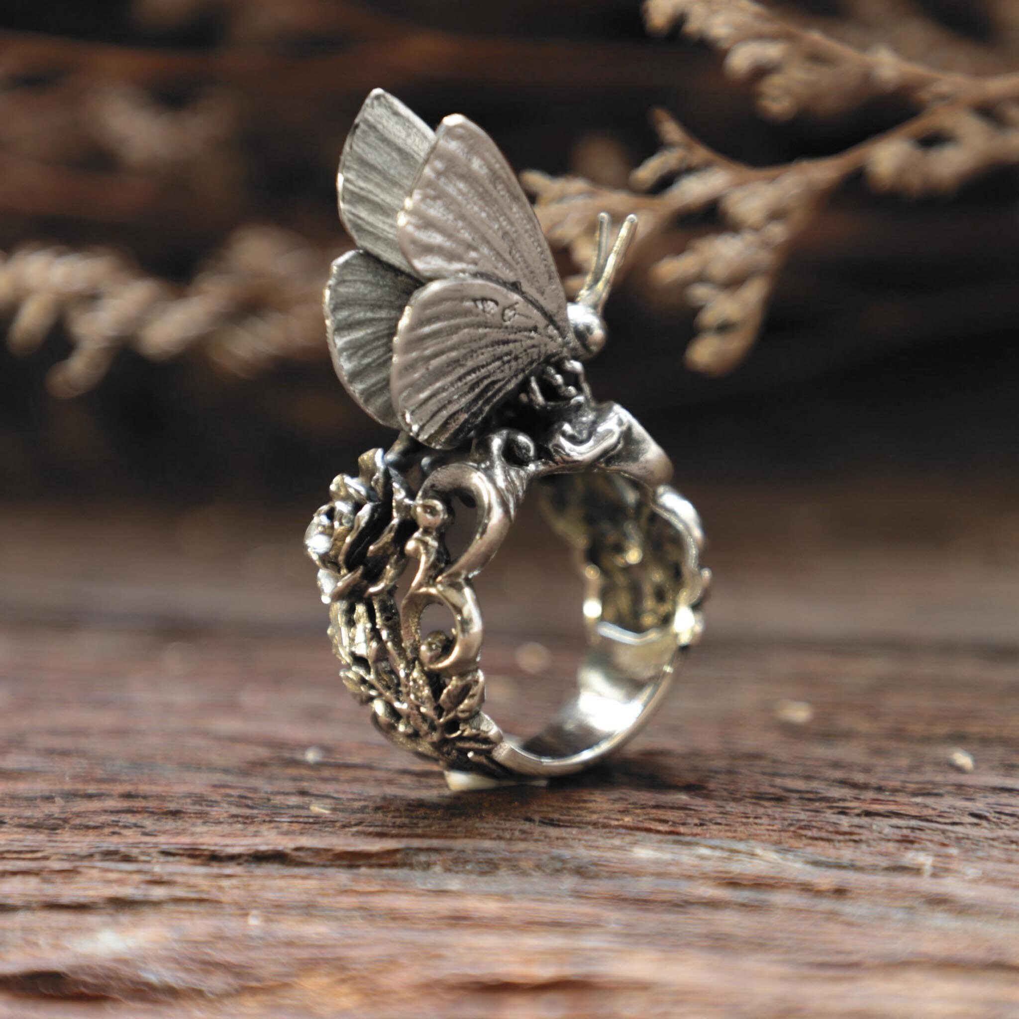 Butterfly and Flowers Ring for Unisex Made of Sterling Silver 925 Boho ...