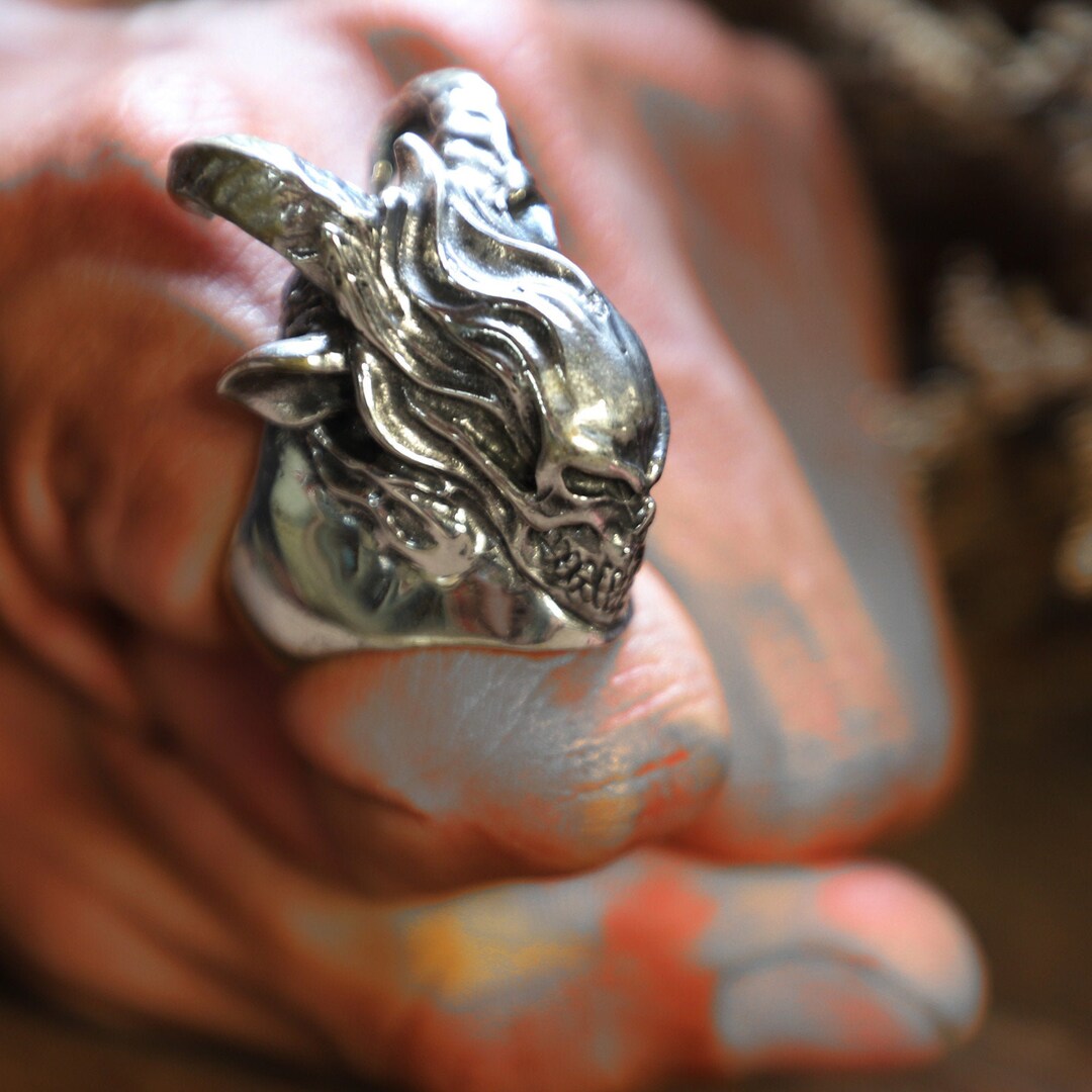 Fire Skull Horned Goat Ring for Men Made of Sterling Silver 925 ...