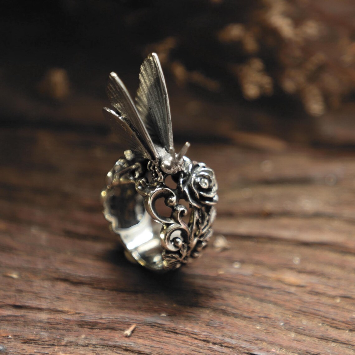 Butterfly and flowers Ring for unisex made of sterling silver | Etsy