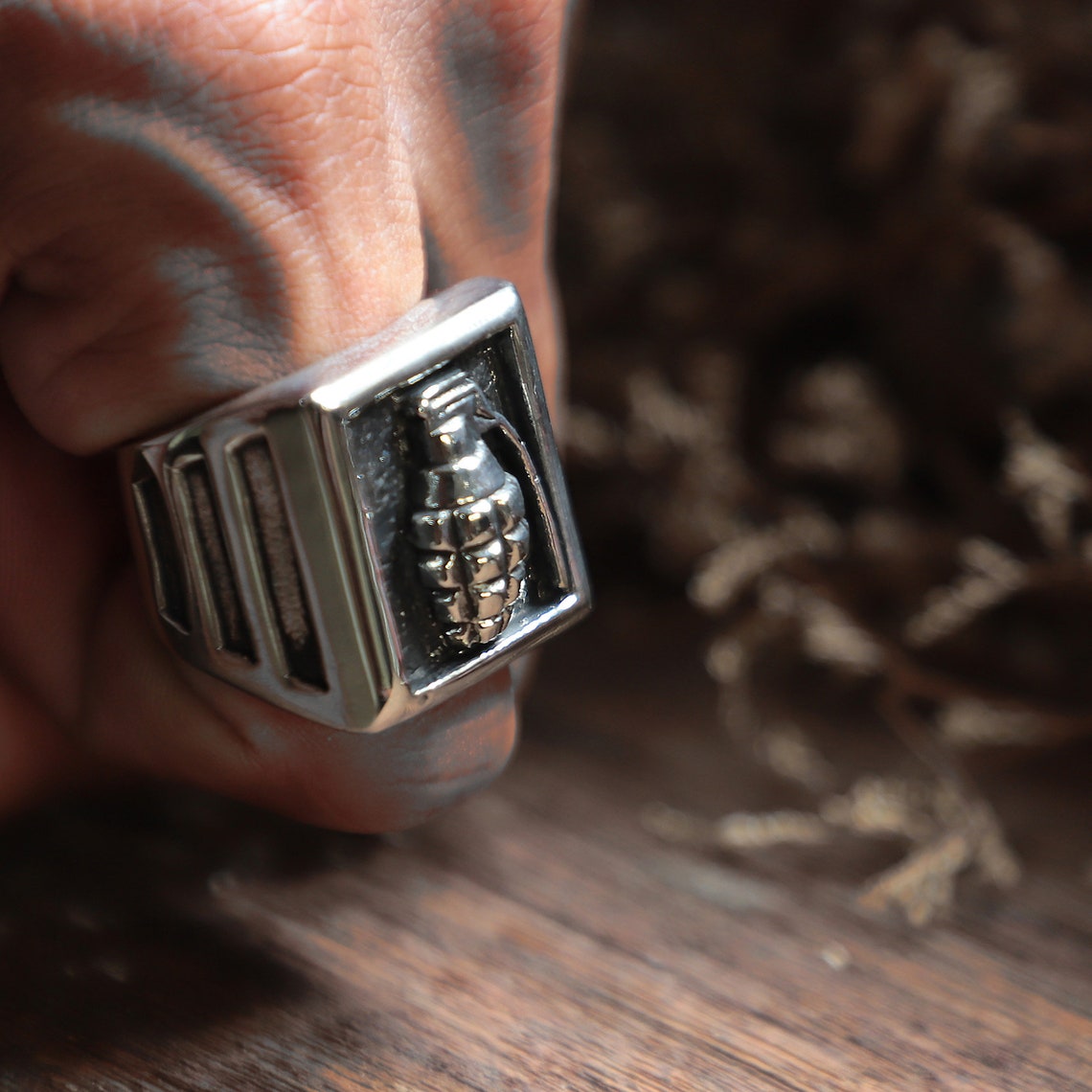 Hand grenade square ring for men made of sterling silver 925 | Etsy