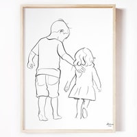 Siblings Line Art, Siblings Wall Art, Sister and Brothers Art ...