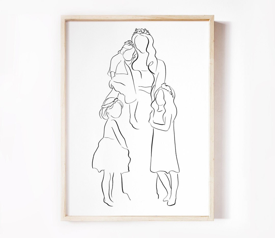 Bride With Flower Girls, Mother and Children Line Art Print, Three ...