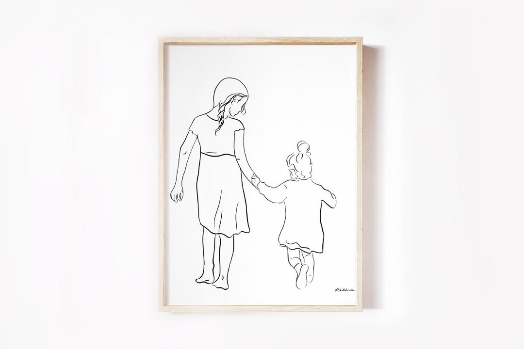 Big Sister Little Sister Line Art Print, Sisters Gift, Family Wall Art ...
