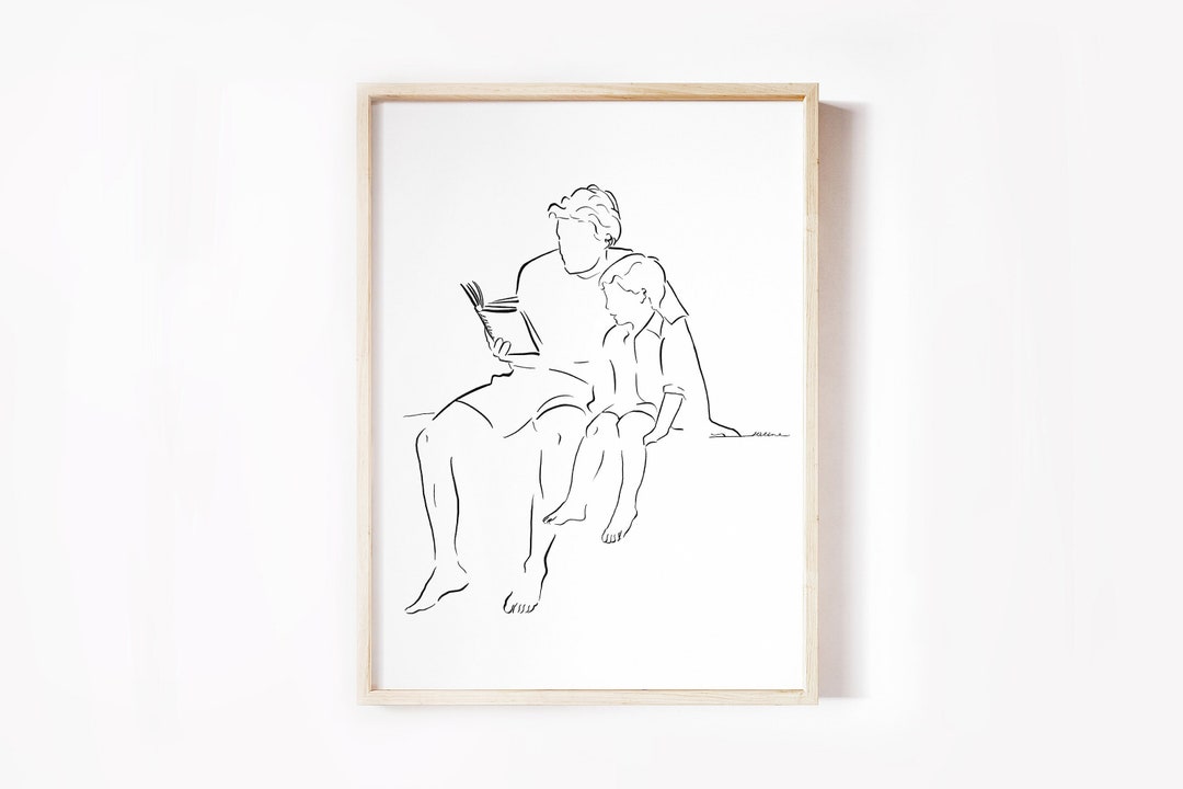 Father Wall Art Print, Father and Son Line Art, Reading to Child, Cozy ...