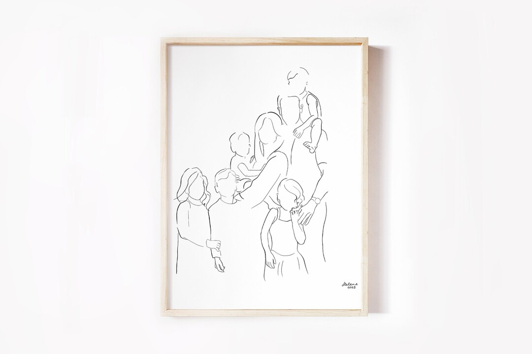 Family of Five Children, Line Art Print, Minimalist Wall Art, Big ...