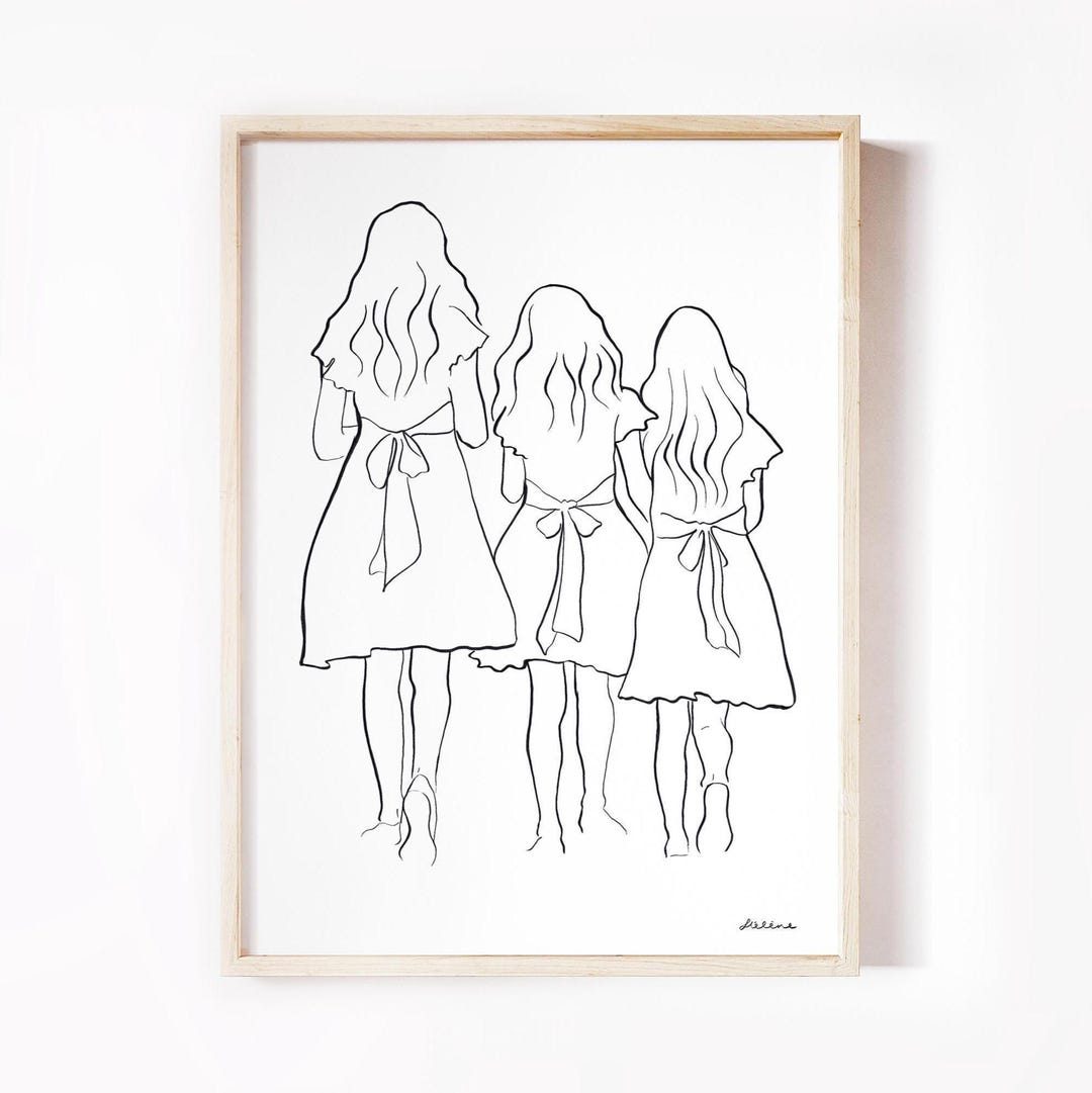Three Sisters Print, Three Girls Line Art. Siblings Wall Art, Family ...