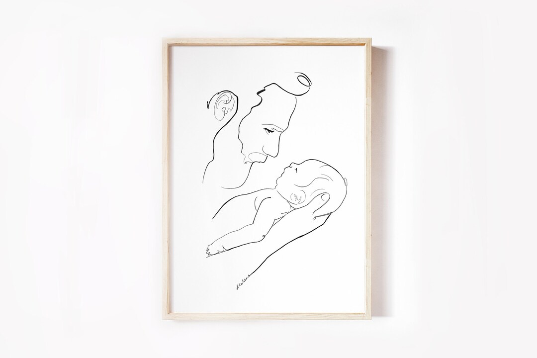 Father and Baby Art, Dad With Beard and Baby, Dad Bod Print, Line Art ...