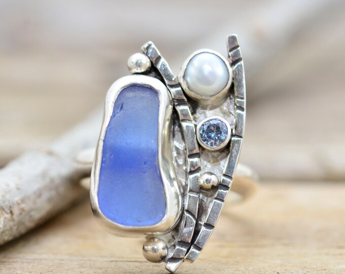 Statement Ring Crafted of Cobalt Blue Sea Glass in a Fine and Sterling ...