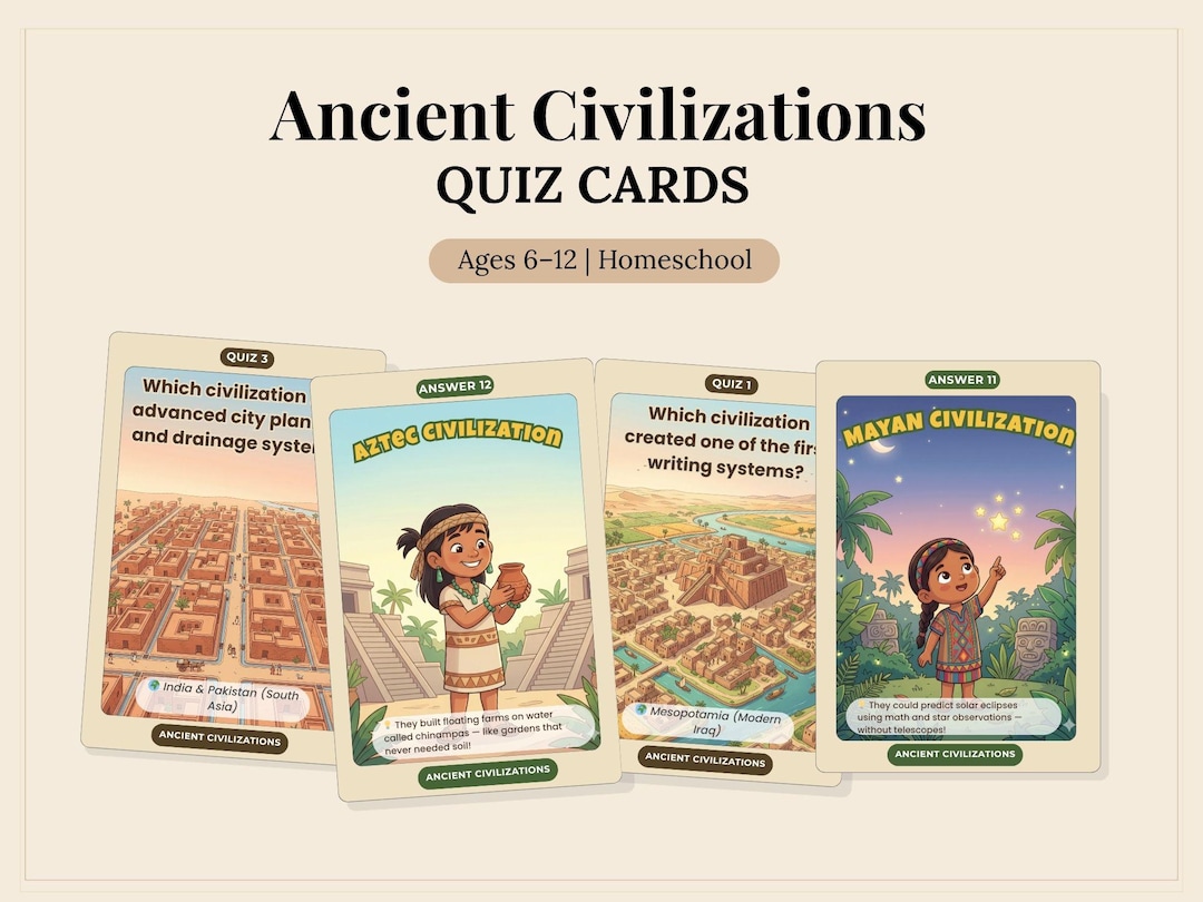 Ancient Civilizations Quiz Cards, History Game for Kids (instant ...