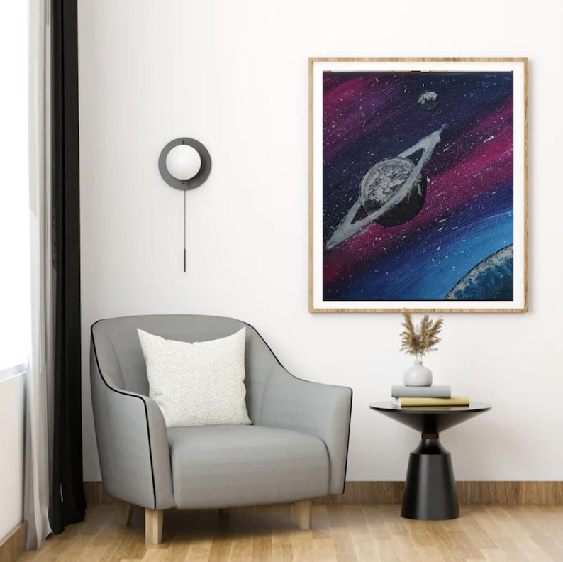 Original Painting of the Saturn Galaxy, Space Canvas Art, Purple-blue ...