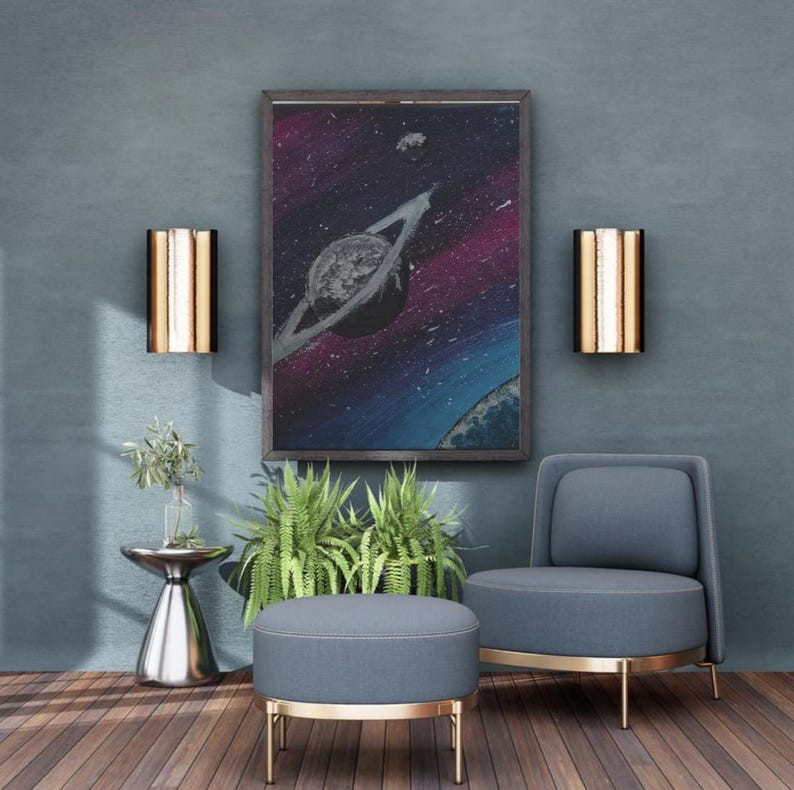 Original Painting of the Saturn Galaxy, Space Canvas Art, Purple-blue ...