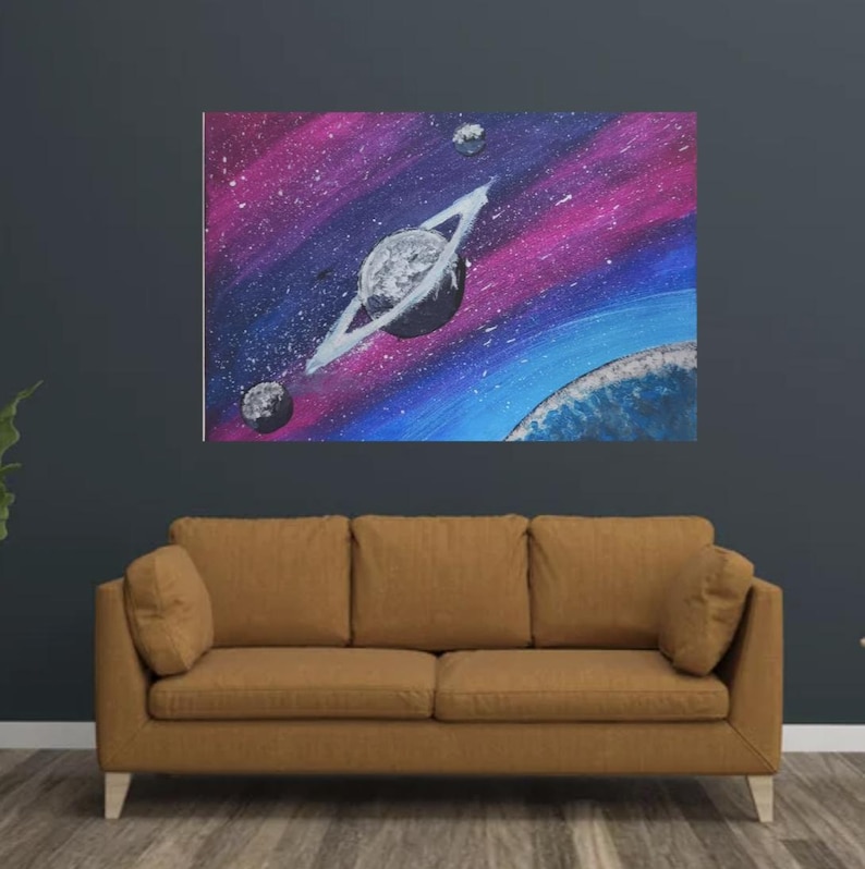 Original Painting of the Saturn Galaxy, Space Canvas Art, Purple-blue ...