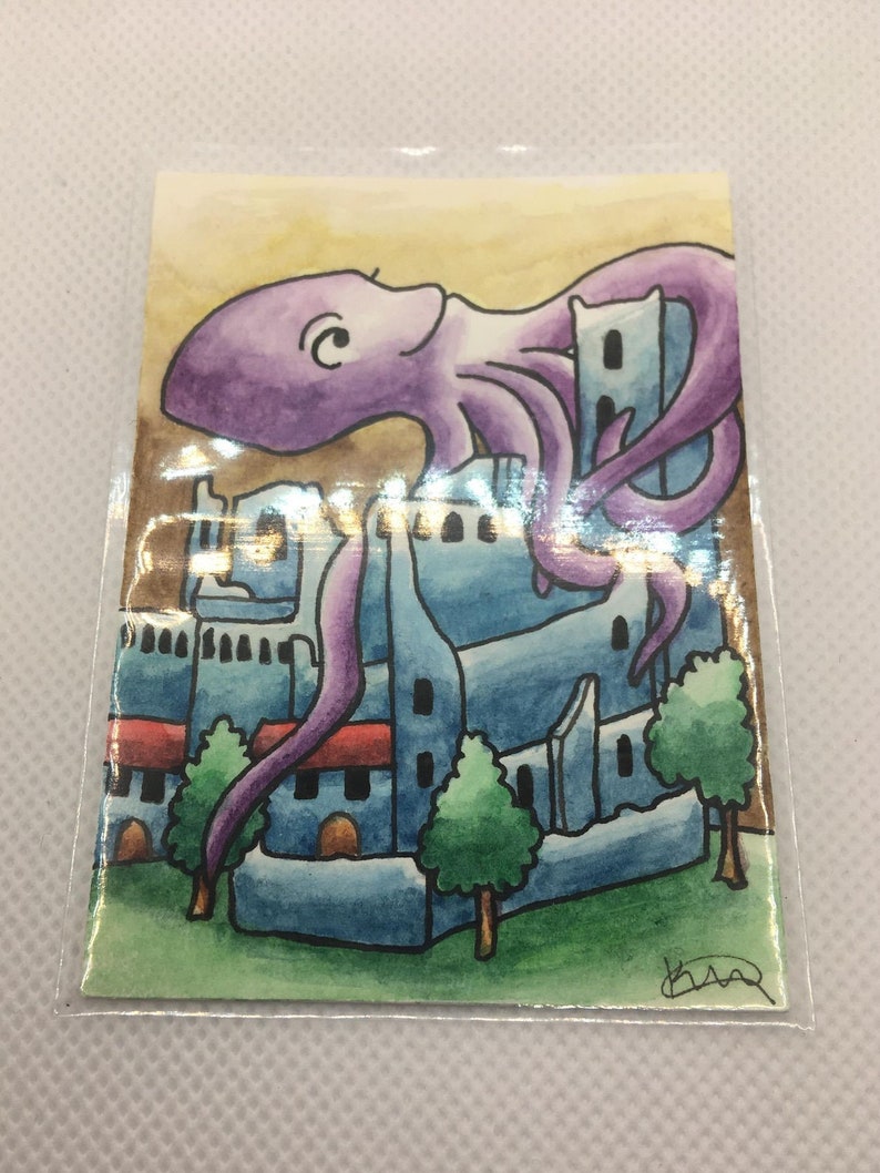 Octopus on a Castle - 2.5" X 3.5" - Original ART ACEO Watercolor ...