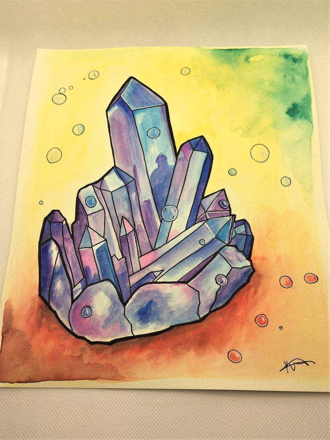 Quartz Crystal Watercolor Painting With Bubbles - 8" X 10" - Original ...
