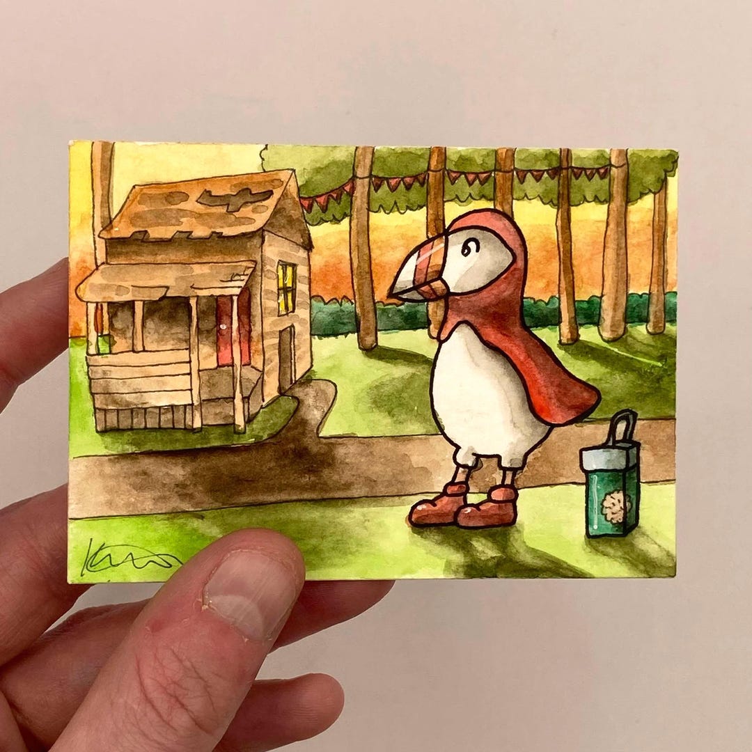 Girl Guiding Puffin - 2.5" X 3.5" - Original ART ACEO Watercolor ...