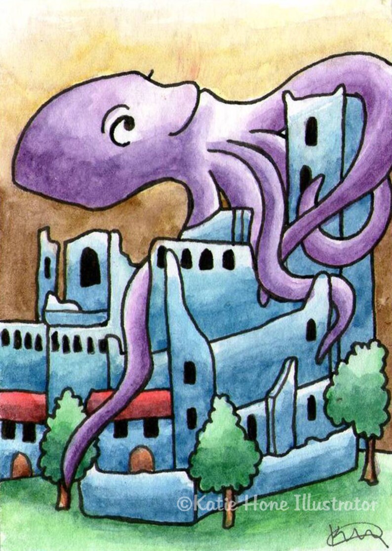 Octopus on a Castle - 2.5" X 3.5" - Original ART ACEO Watercolor ...