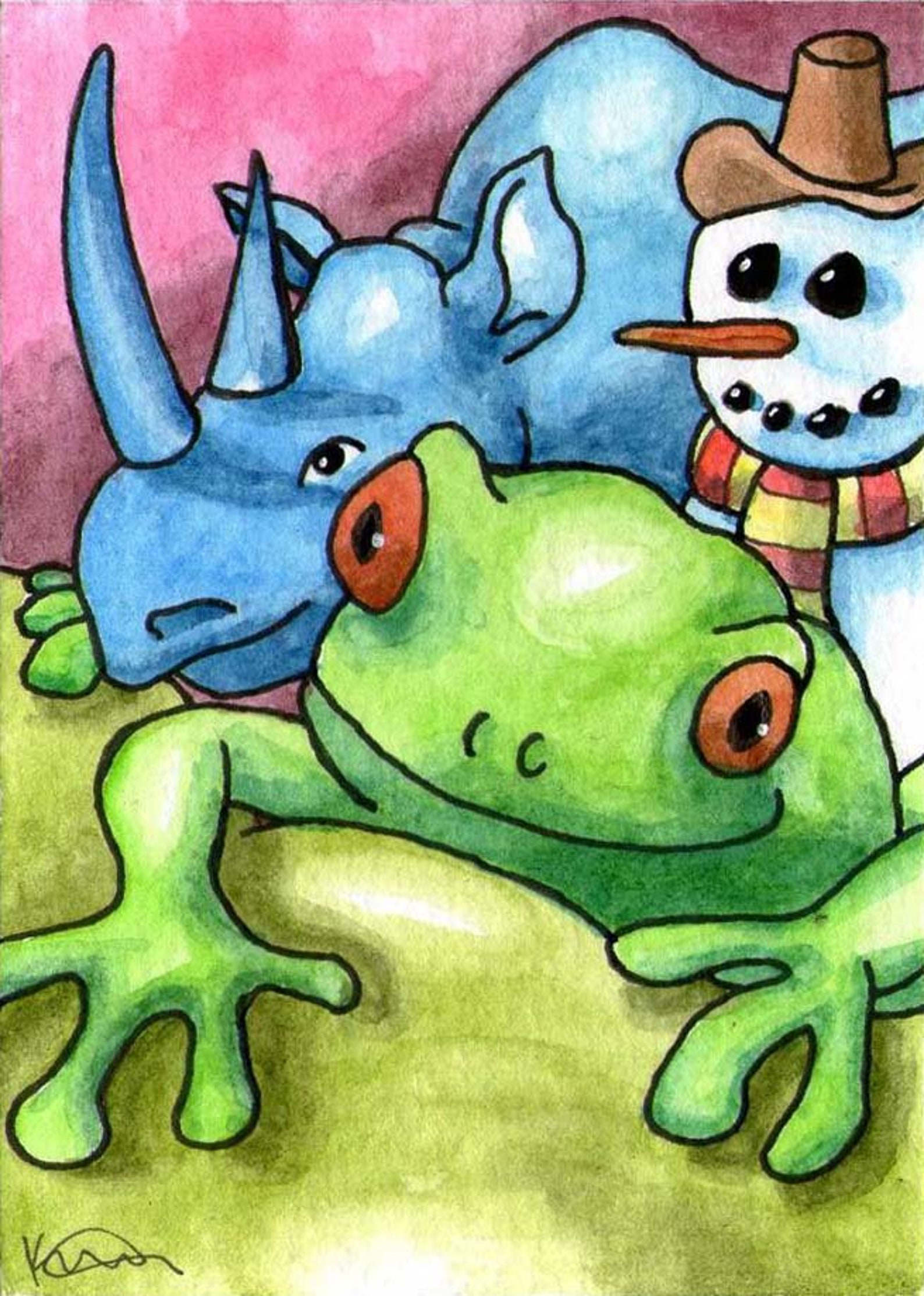 Frog Rhino and Snowman Whimsical Watercolor ACEO 2.5 X 3.5 Original ART ...