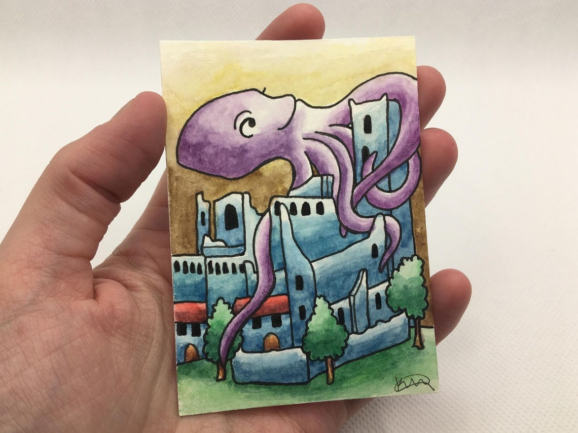 Octopus on a Castle - 2.5" X 3.5" - Original ART ACEO Watercolor ...