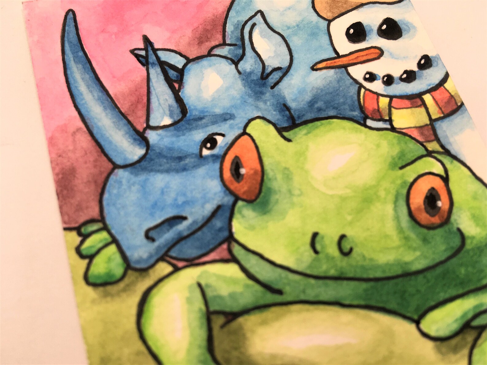 Frog Rhino and Snowman Whimsical Watercolor ACEO 2.5 X 3.5 Original ART ...