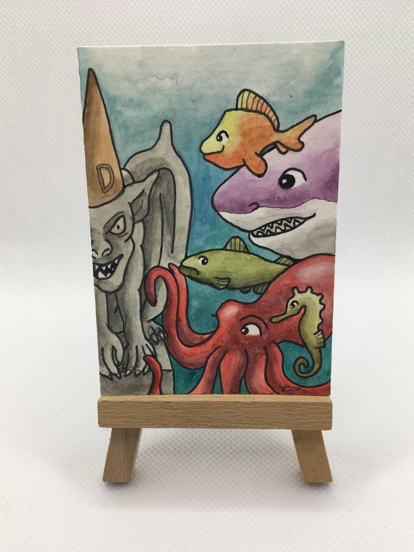 Gargoyle Met by Sea Creatures ACEO 2.5 X 3.5 Original ART ACEO ...