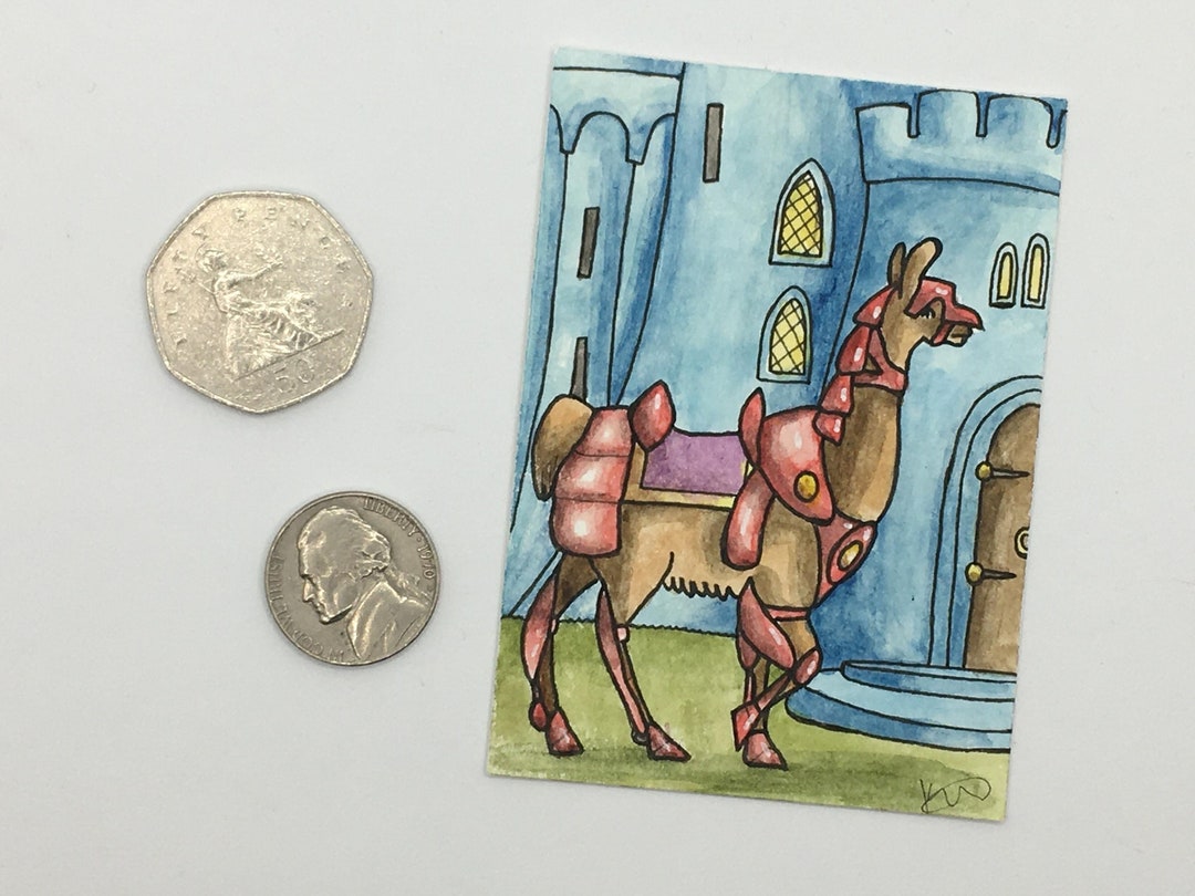 Whimsical Llama in Armor Medieval Watercolor ACEO 2.5 X 3.5 Original ...
