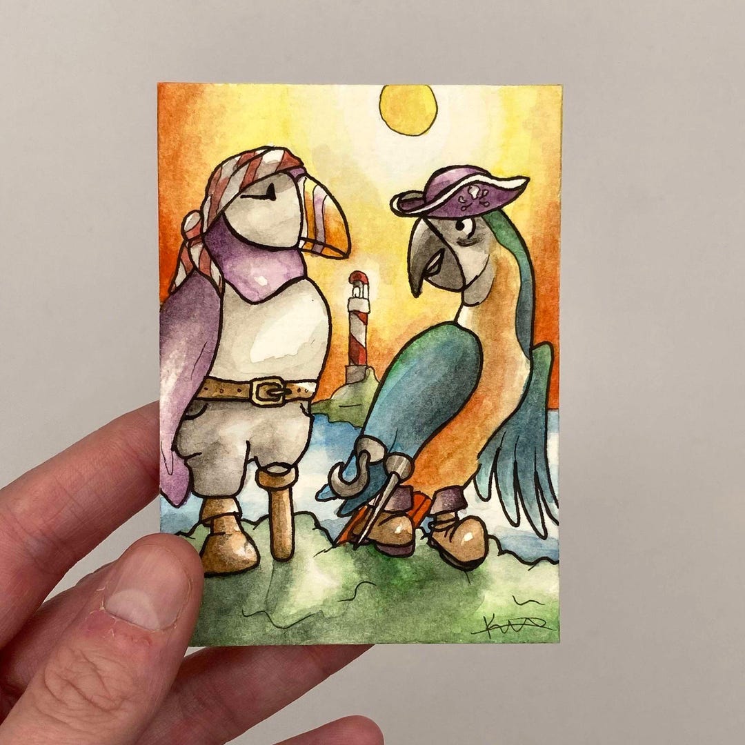 Puffin and Parrot Pirates - 2.5" X 3.5" - Original ART ACEO Watercolor ...