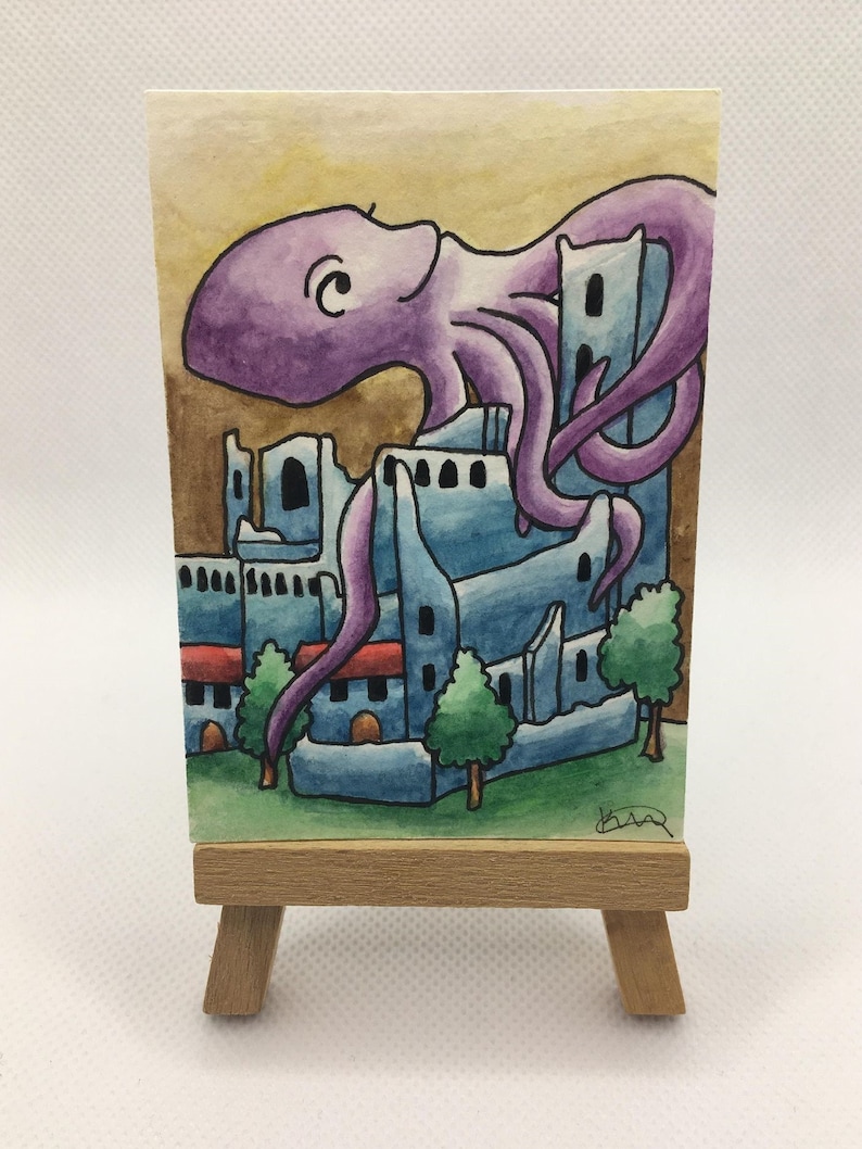 Octopus on a Castle - 2.5" X 3.5" - Original ART ACEO Watercolor ...