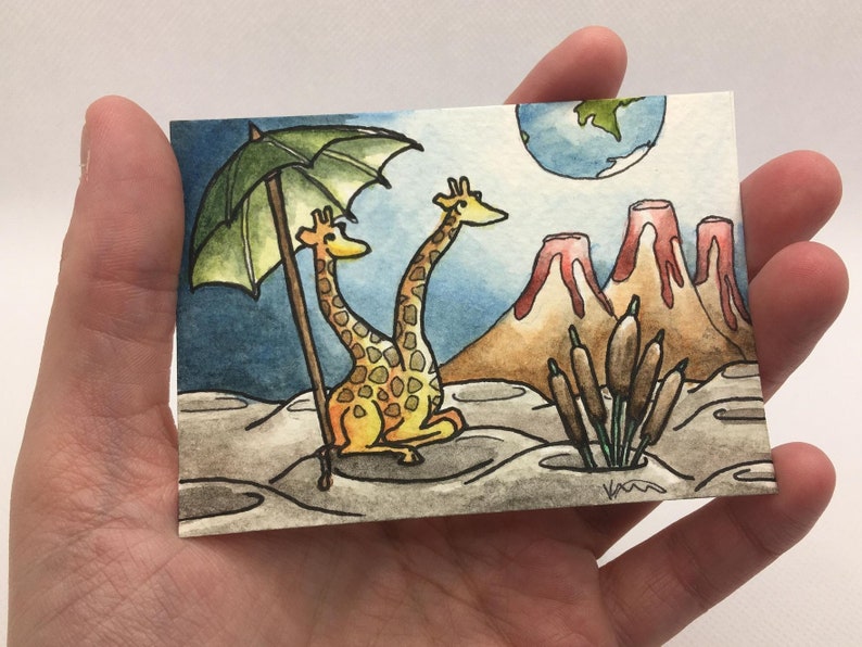 Two Headed Alien Giraffe ACEO - 2.5" X 3.5" - Original ART ACEO ...