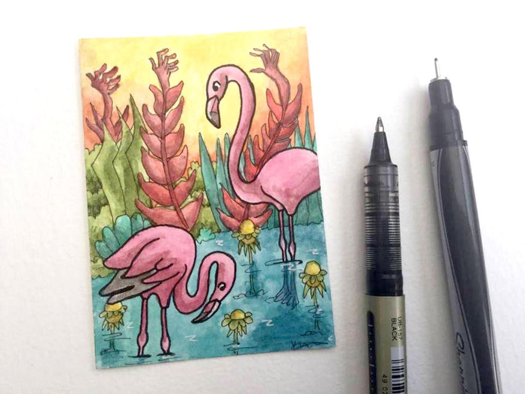 Flamingo Alien Landscape ACEO - 2.5" X 3.5" - Original ART ACEO ...