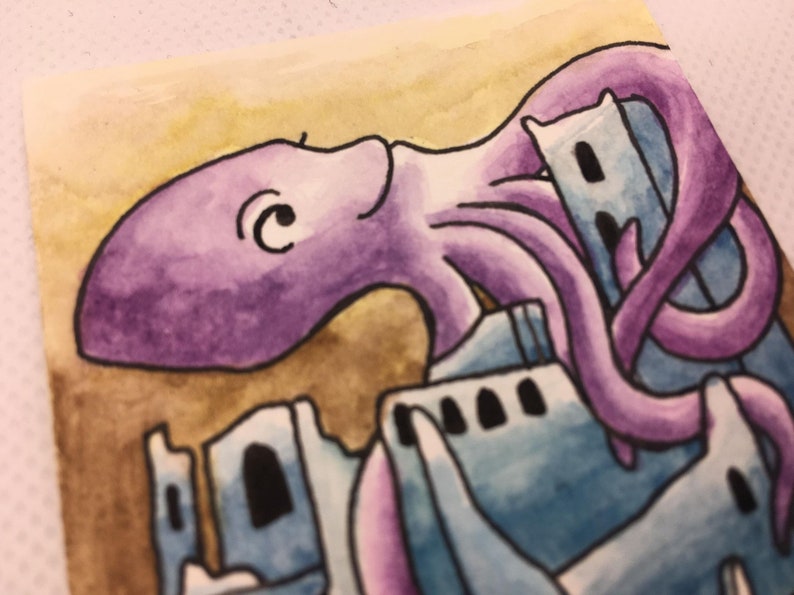 Octopus on a Castle - 2.5" X 3.5" - Original ART ACEO Watercolor ...