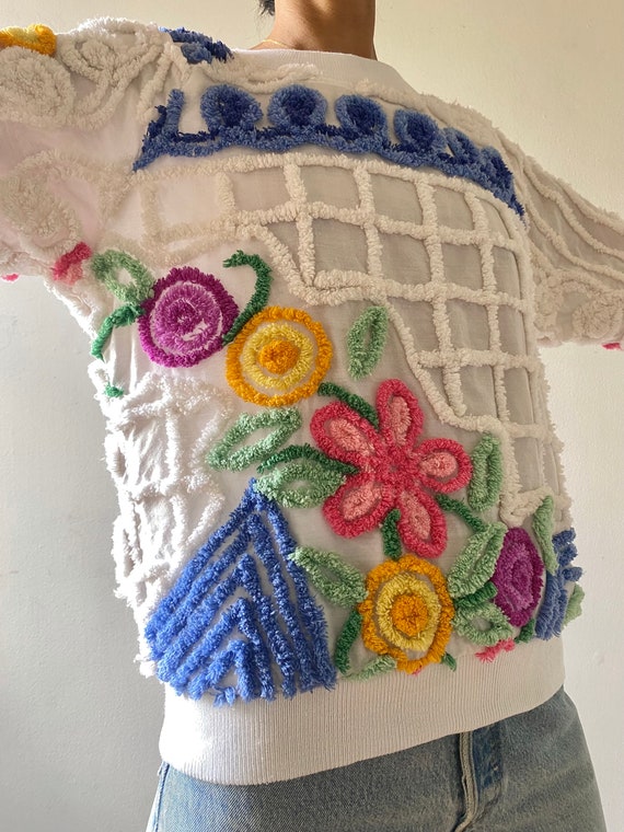 70’s floral chenille crew neck sweater (S) - Gem