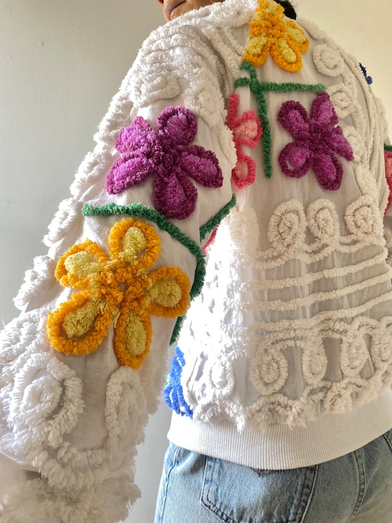 70’s floral chenille crew neck sweater (S) - Gem