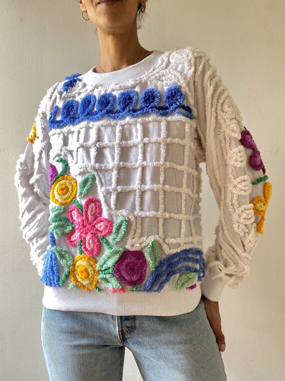 70’s floral chenille crew neck sweater (S) - Gem