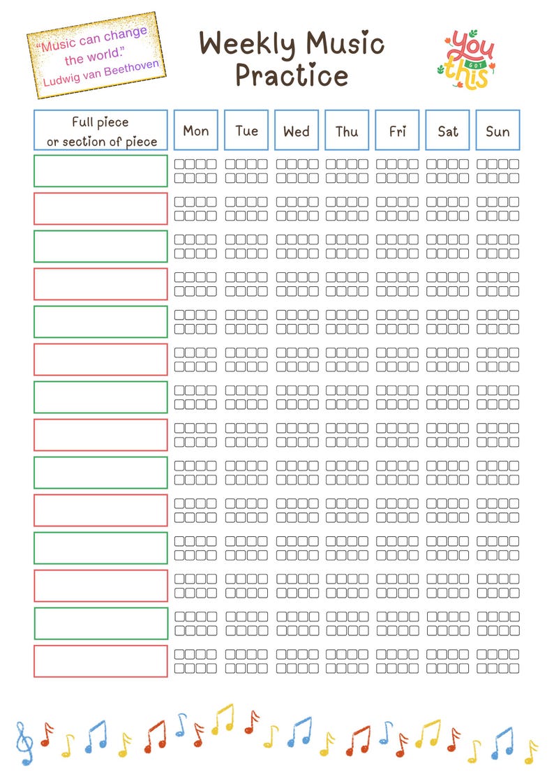 Weekly Music Practice Log – Printable Practice Tracker for Students ...
