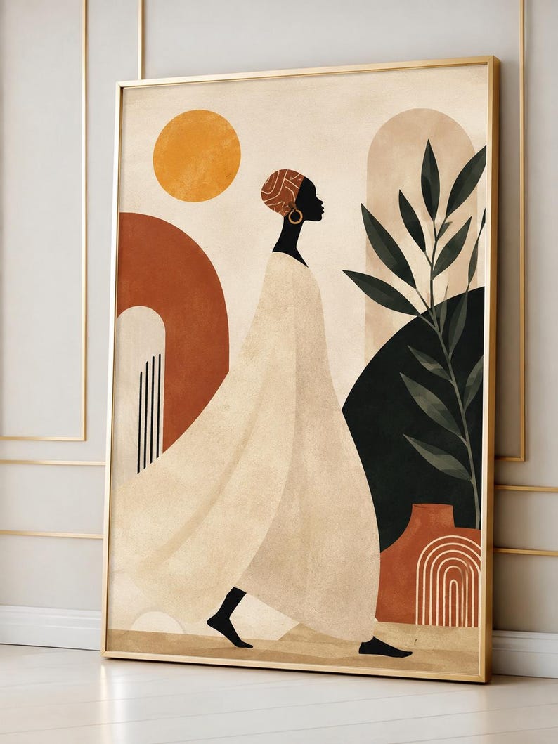 Black Woman Wall Art Print, Afrocentric Abstract Portrait, Neutral Home ...