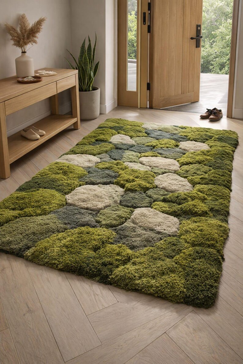 Hand-tufted Wool Pebble Rug, Moss Green Organic Texture, Biophilic ...