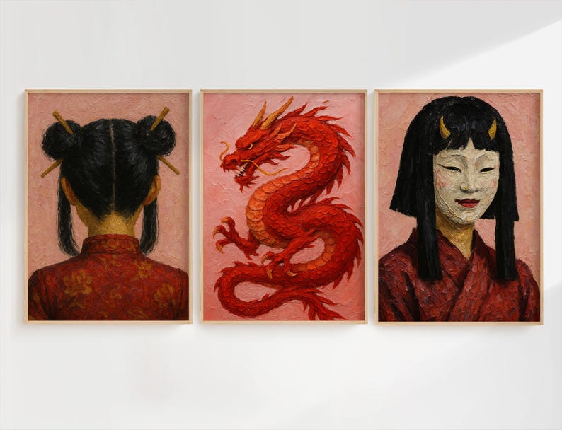 Japanese Folklore Wall Art Set, Pastel Sakura Dragon Crane Geisha ...