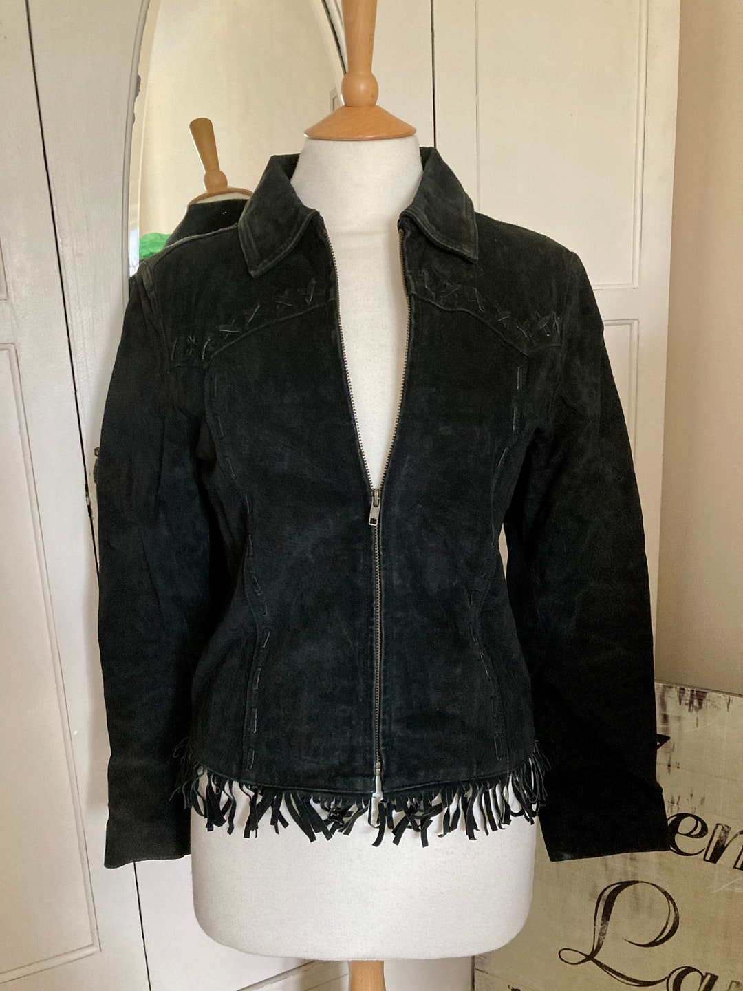 Vintage 80s/90s Black Suede/leather Bikers Tassle Bomber Jacket by Paul ...