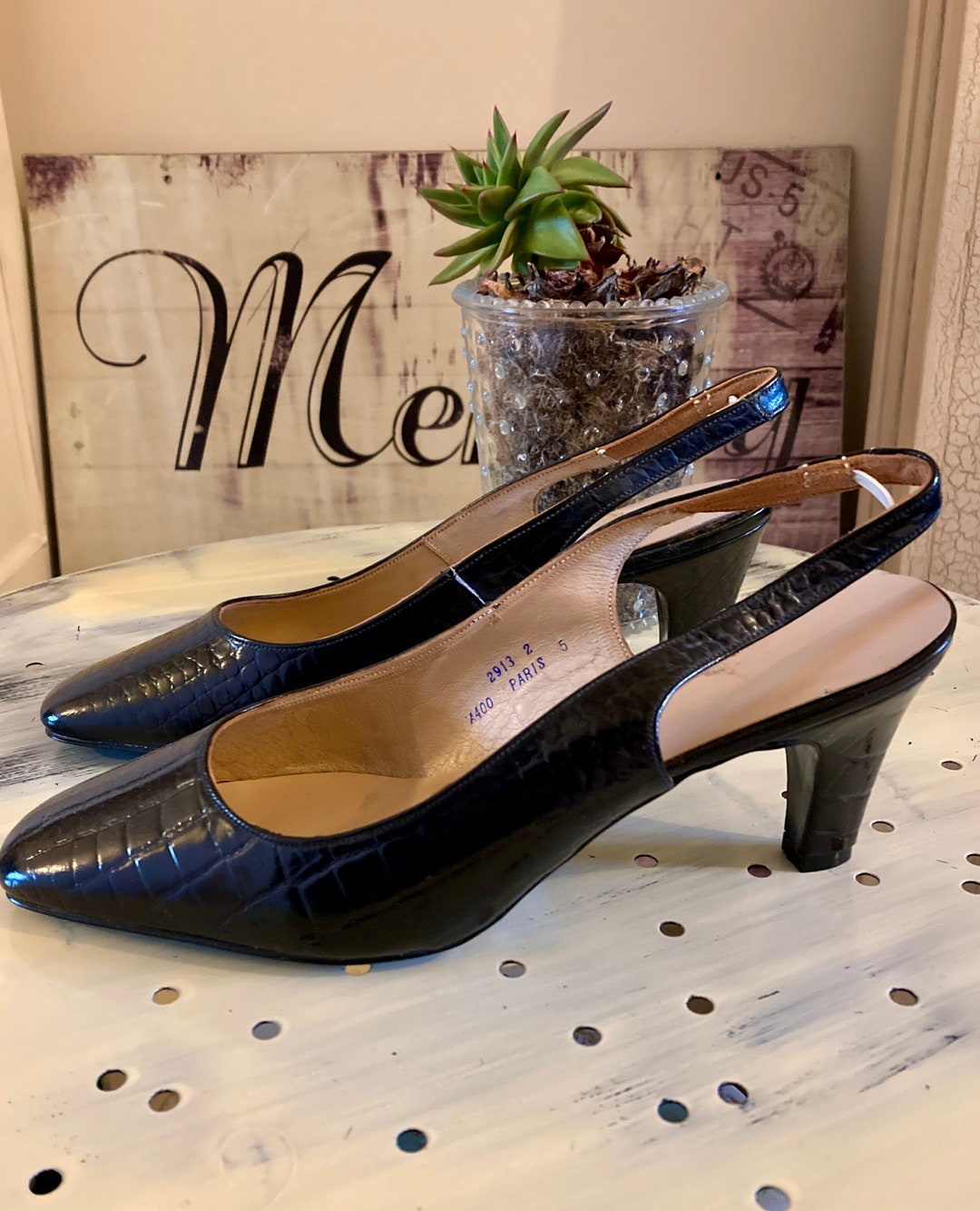 Vintage 60s Black Leather Croc Effect Sling Back/ Kitten Heels Size 5/4 ...