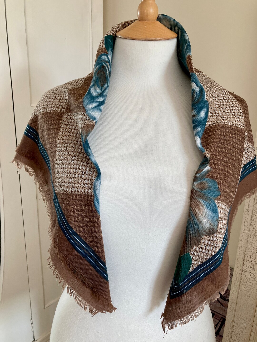 Vintage 80s Large Brown and Blue Checks and Floral Scarf/wrap by Norma ...