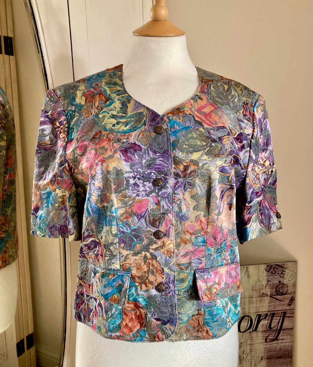 Womens Vintage 80s Short Damask Multi Coloured Jacket Medium 10/12/14 ...